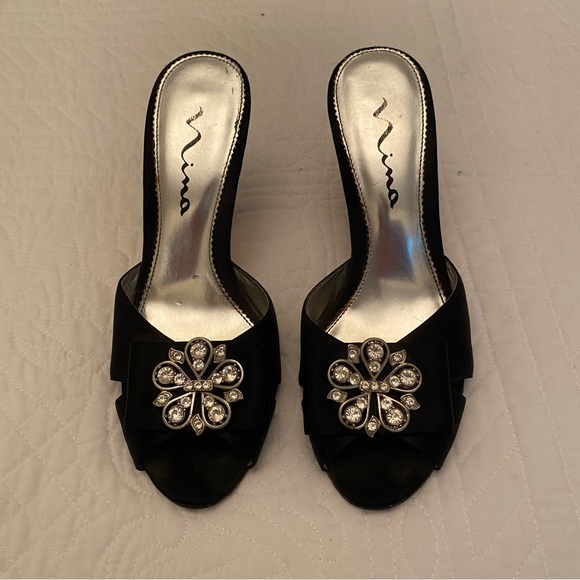 Nina | Shoes | Nina Black Satin Sparkly Mule Heels Size 7 Rhinestone ...